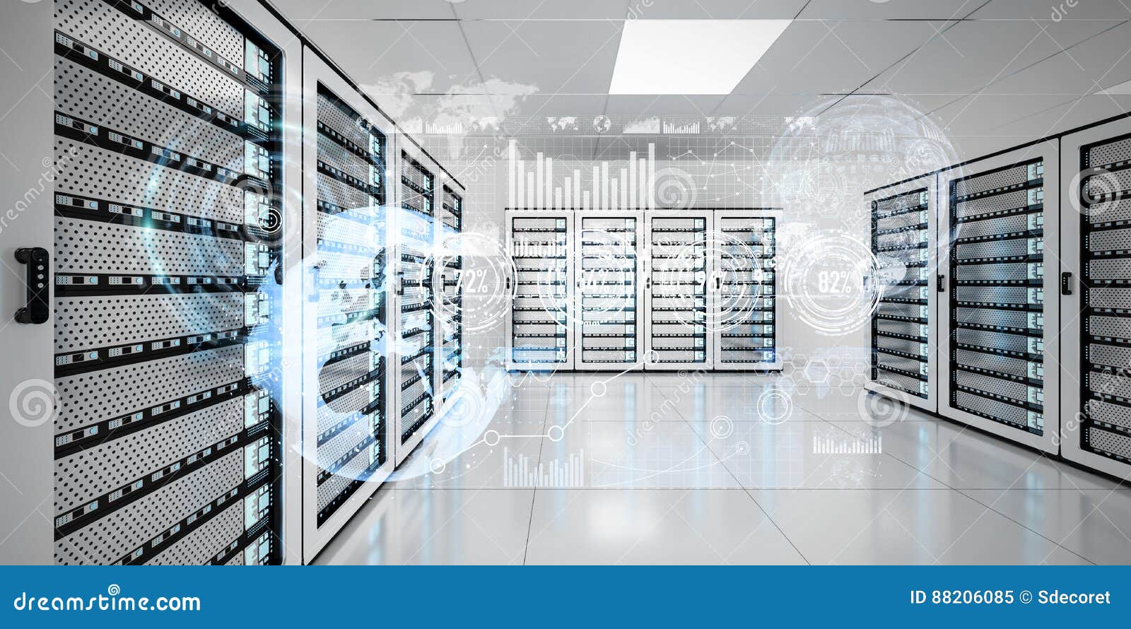 Graph Holograms Flying Over Server Room Data Center 3D Rendering Stock ...