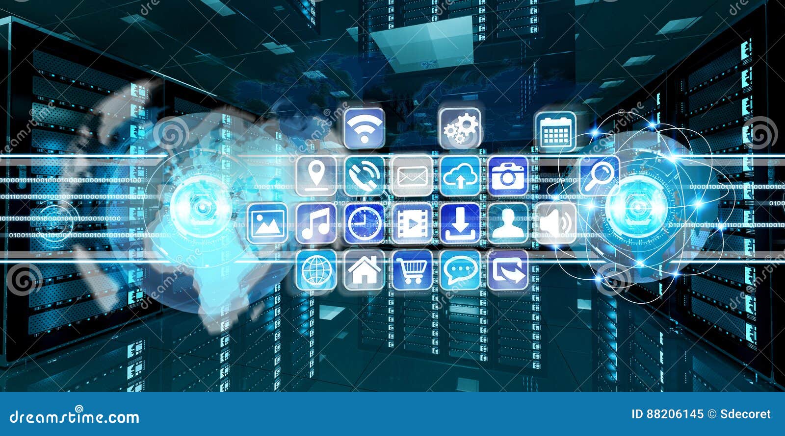 Graph Holograms Flying Over Server Room Data Center 3D Rendering ...