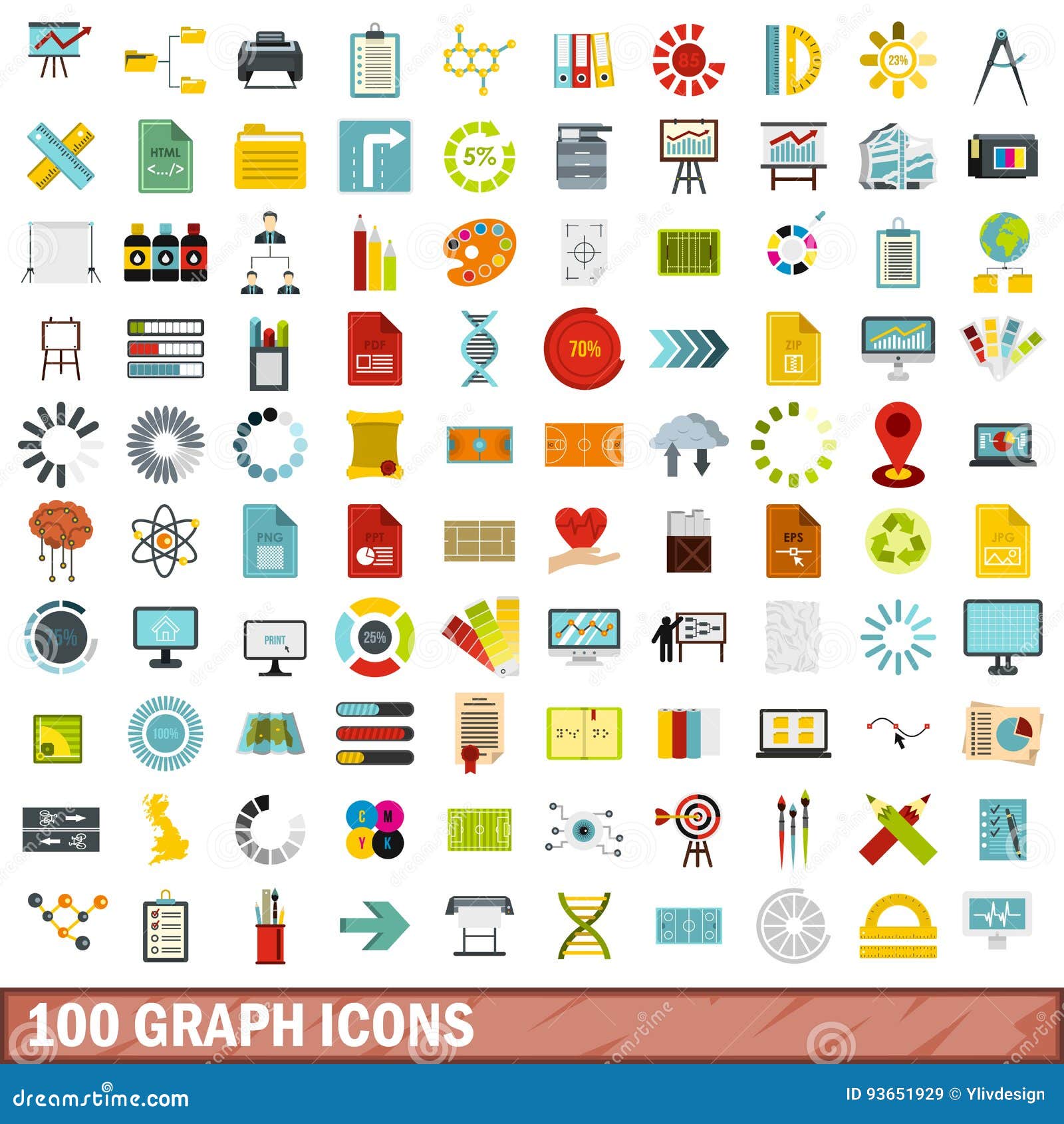 100 Graph Icons Set, Flat Style Stock Vector - Illustration of files ...