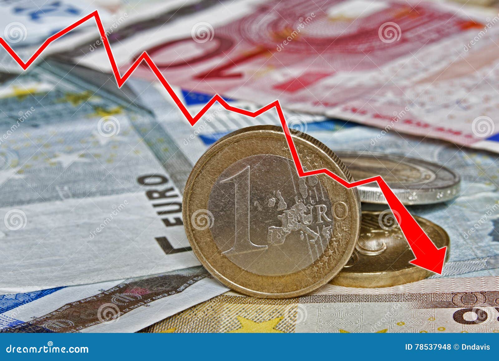 Graph Showing the Decline of Euro Paper Currency and Coins Stock Photo ...