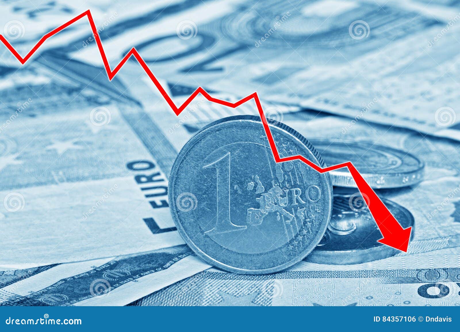 Graph Showing the Decline of Euro Paper Currency and Coins Stock Photo ...