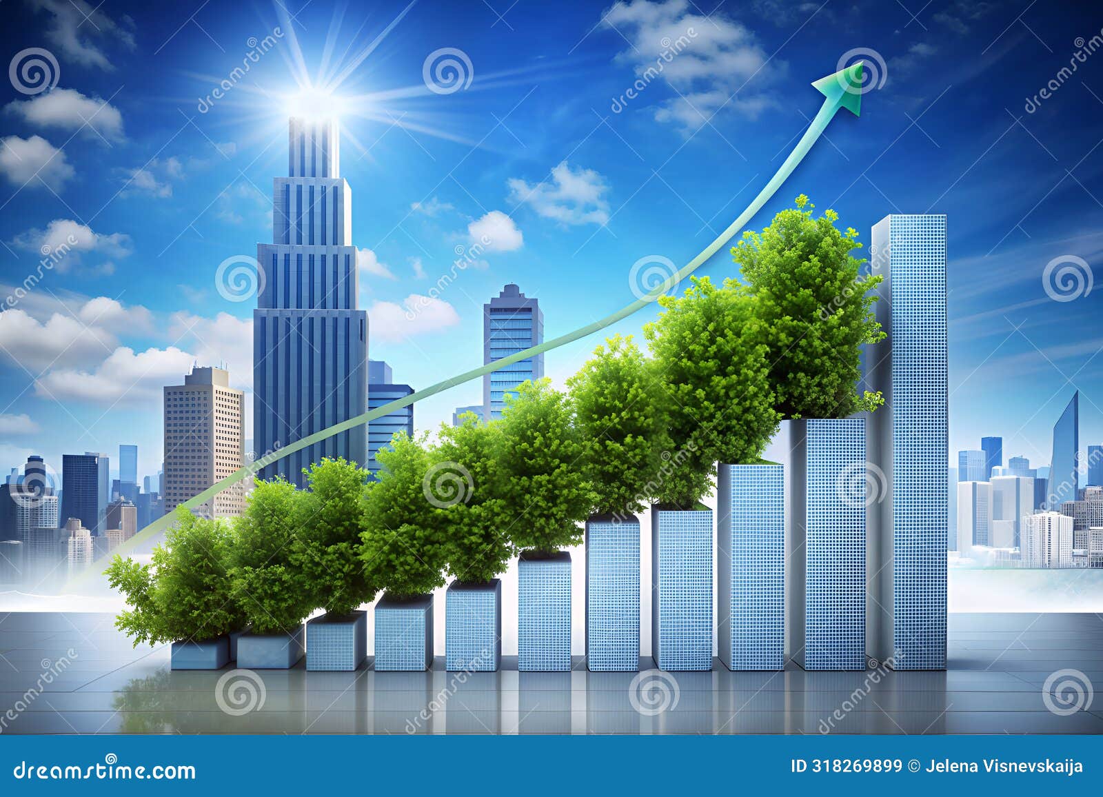 Trees Sprouting from Graph, Arrow To Urban Designs in Sky Stock ...