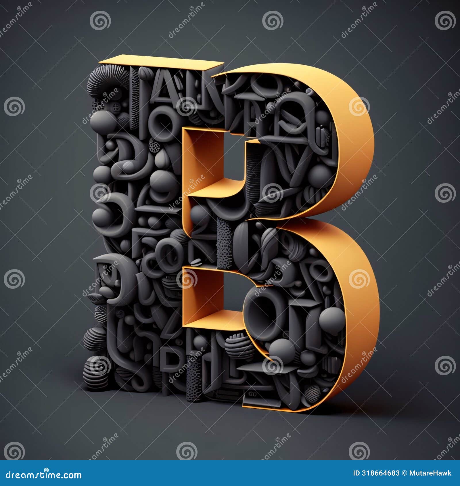 3D Font Made of Different Types of Alphabet. 3D Rendering Letter B ...