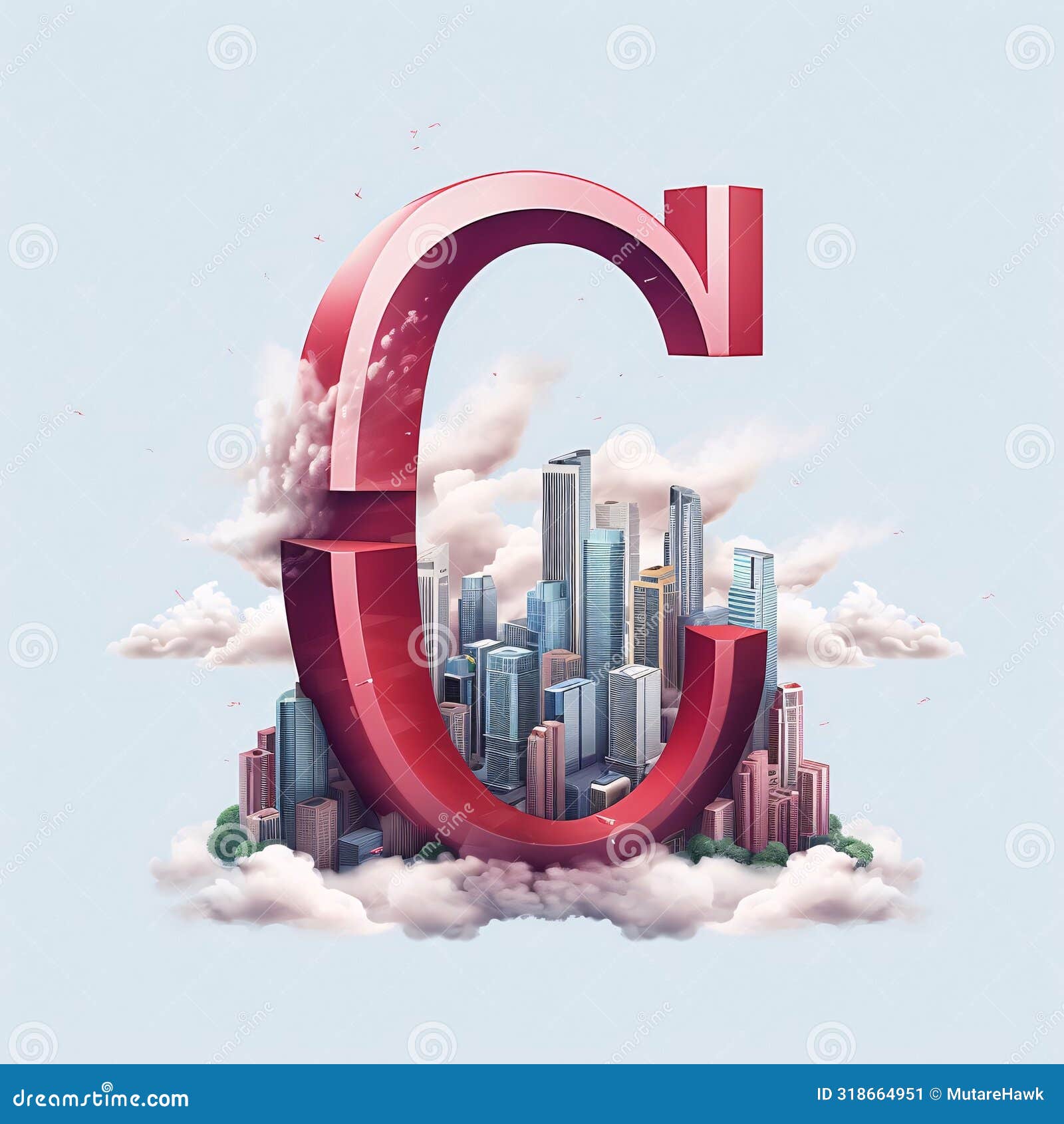 Highly Rendering of Letter C in the Clouds with Cityscape Background ...