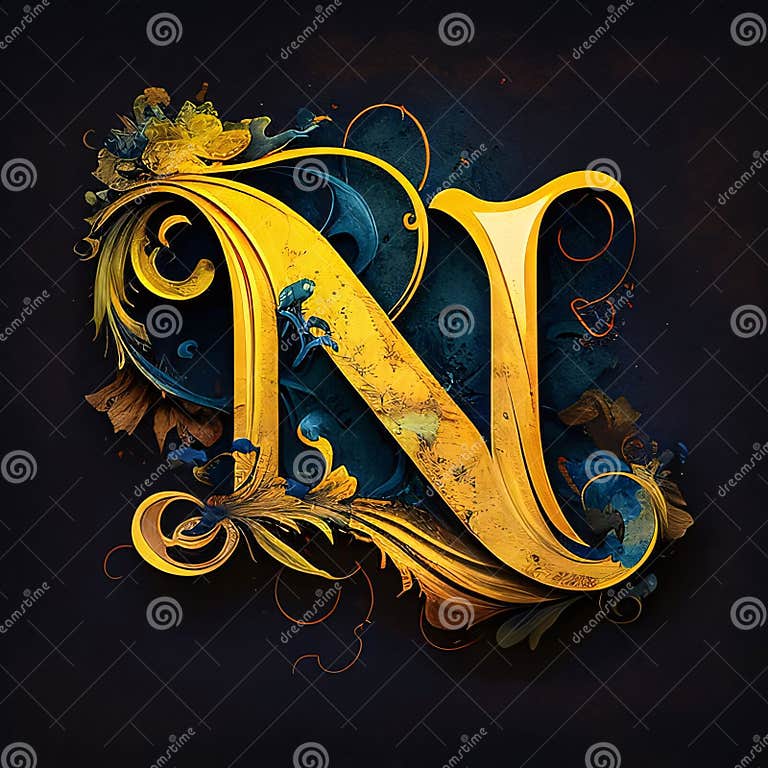 Ornamental Letter N with Floral Ornament on Black Background. 3d ... Ornamental Letter N with Floral Ornament on Black Background. 3d ...