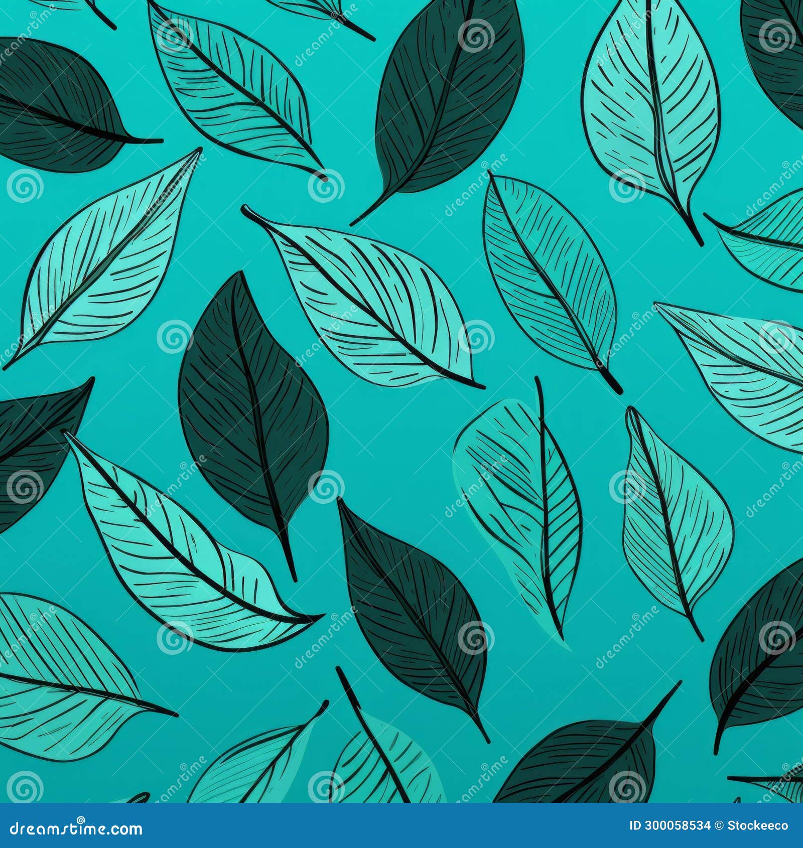 Graphic Black Outlines: Turquoise Leaves Seamless Pattern Stock ...