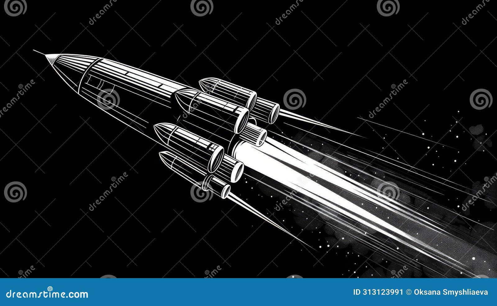 Graphic Black and White Illustration of a Rocket with Multiple Boosters ...