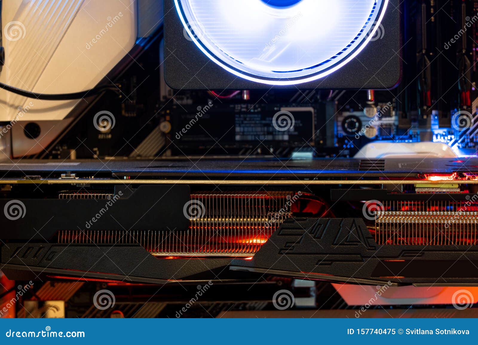 Graphic Card. Computer Circuit Board and CPU Cooling Fans Illuminated ...