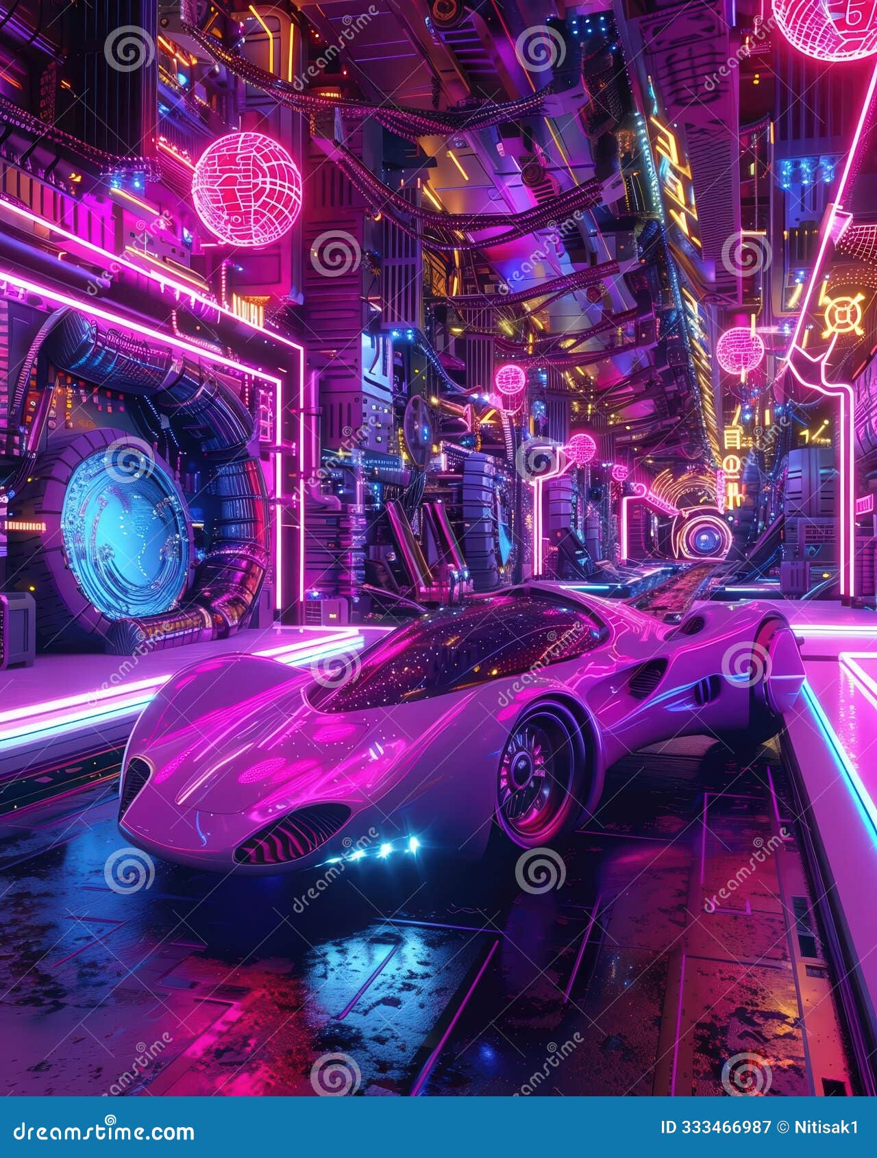 Graphic Of 3D Model Of A Futuristic Vehicle In A Neonlit Environment ...