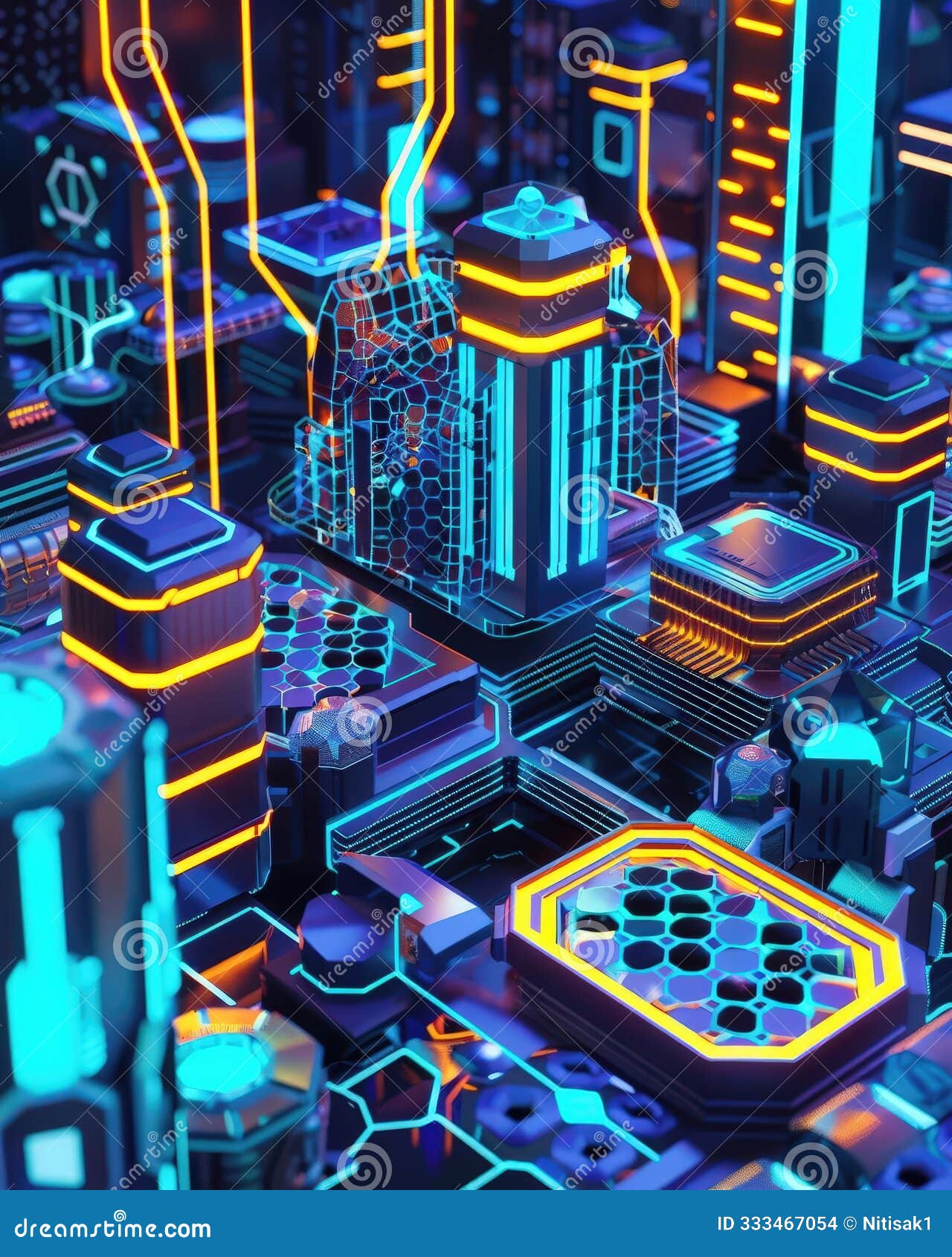 Graphic of 3D Model of a Hitech Logistics Hub in a Neonlit Environment ...