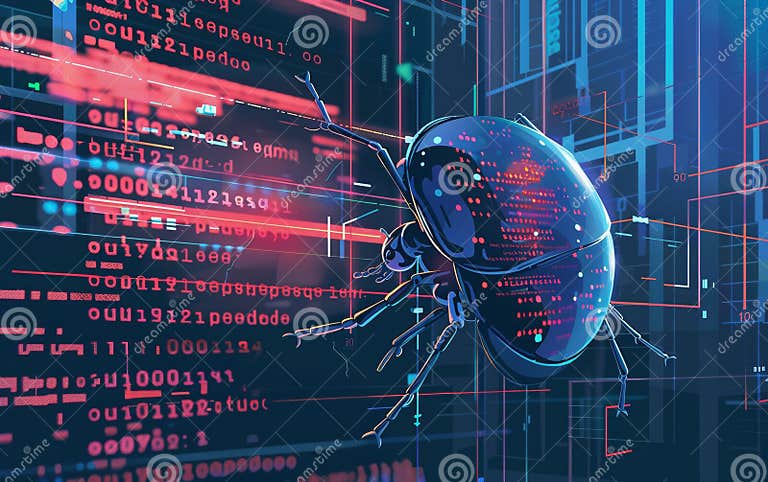 A Graphic Depiction of a Bug Magnified on a Computer Screen Surrounded ...