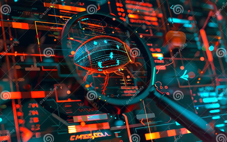A Graphic Depiction of a Bug Magnified on a Computer Screen Surrounded ...
