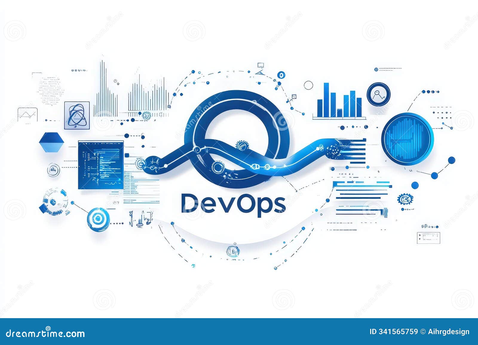 Devops Concept Illustrated With Infinity Loop Symbol And Data Analytics Visualizations Stock