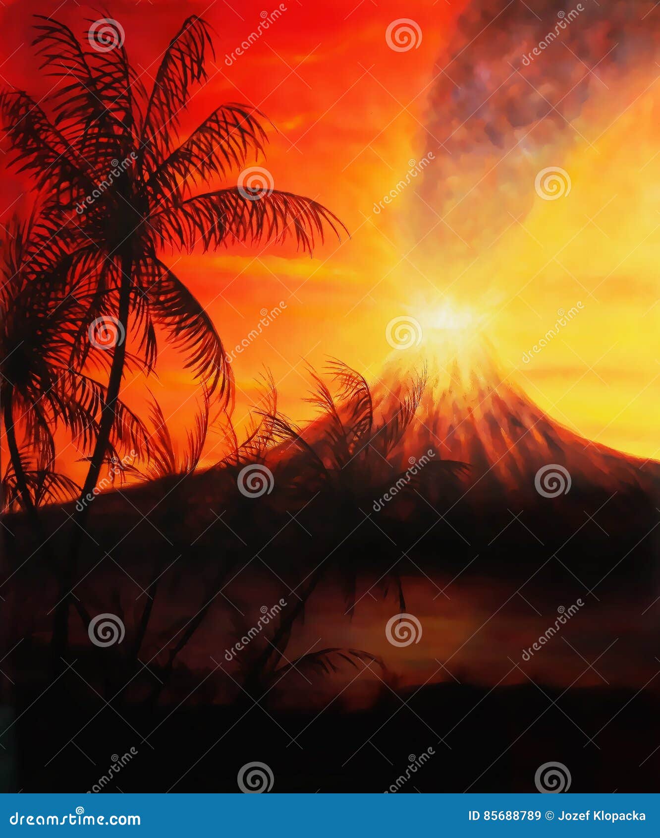 Graphic Design Collage with Palm Trees and Volcano in the Background in ...