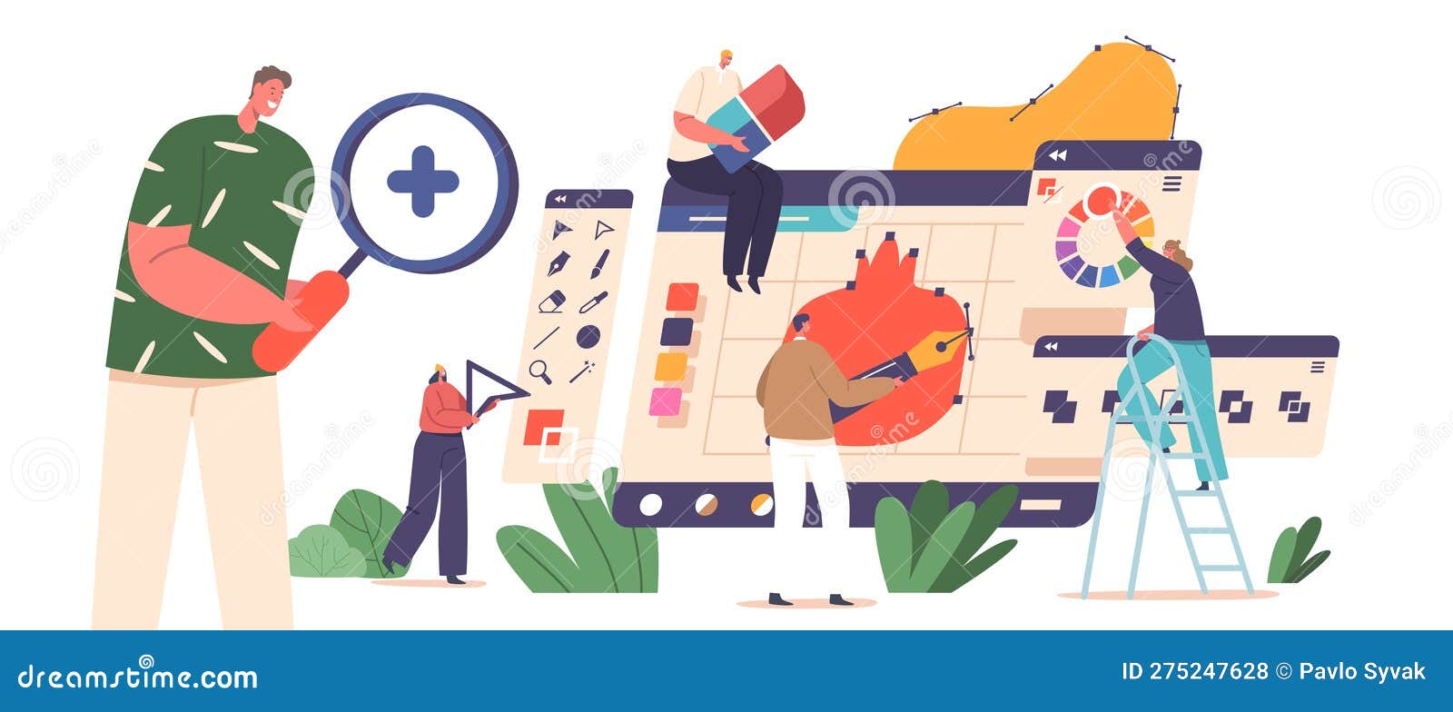 Graphic Design Creative Profession Concept with Tiny Male and Female ...