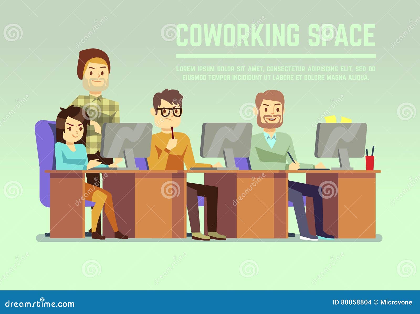 Graphic Design Team Working in Agency Office with Laptops Vector ...