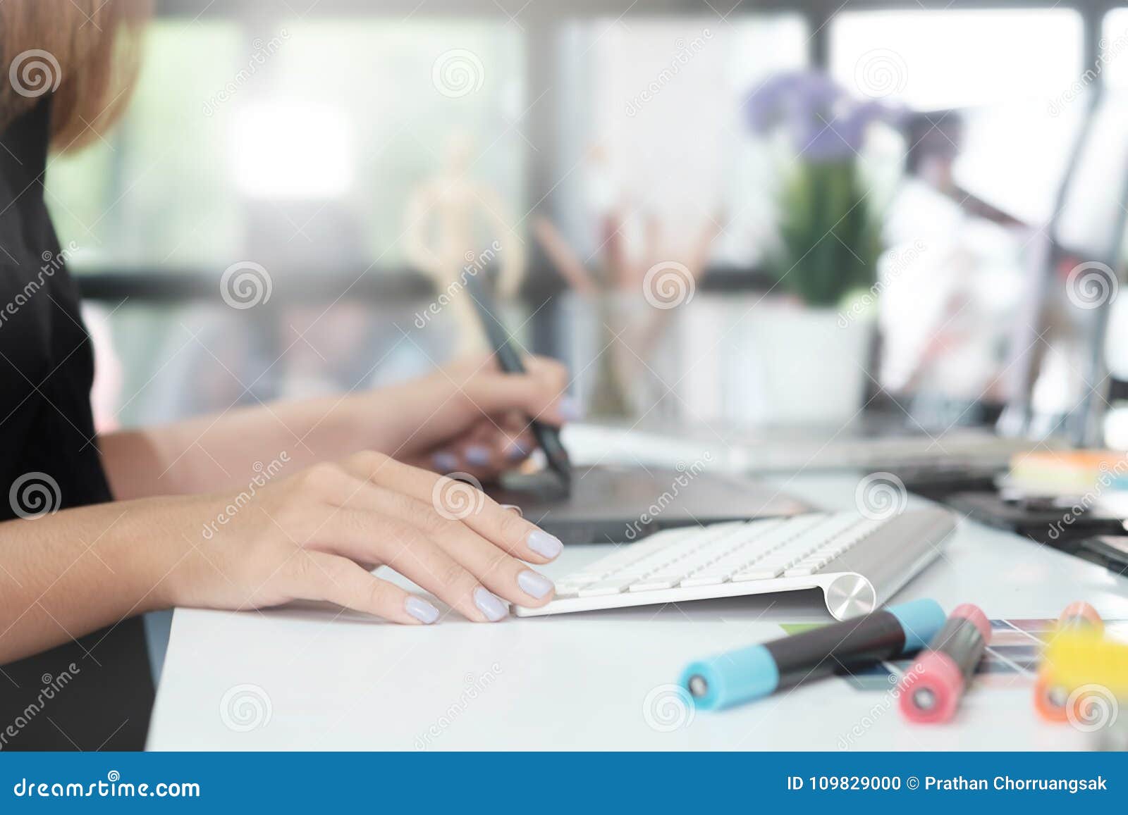 Graphic Design Woman Creative Working on Table with Mouse Pen . Stock ...