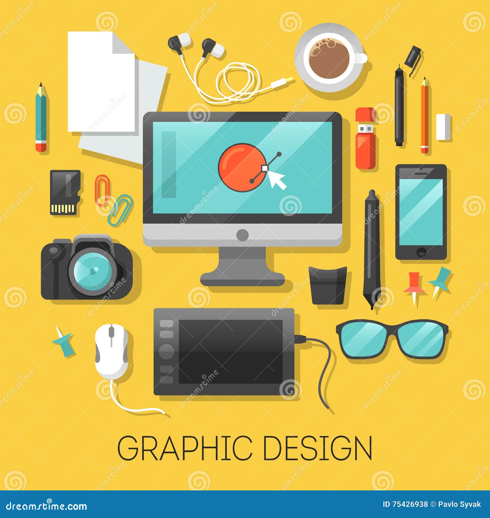 Graphic Design Workplace with Computer and Digital Tools Stock Vector ...