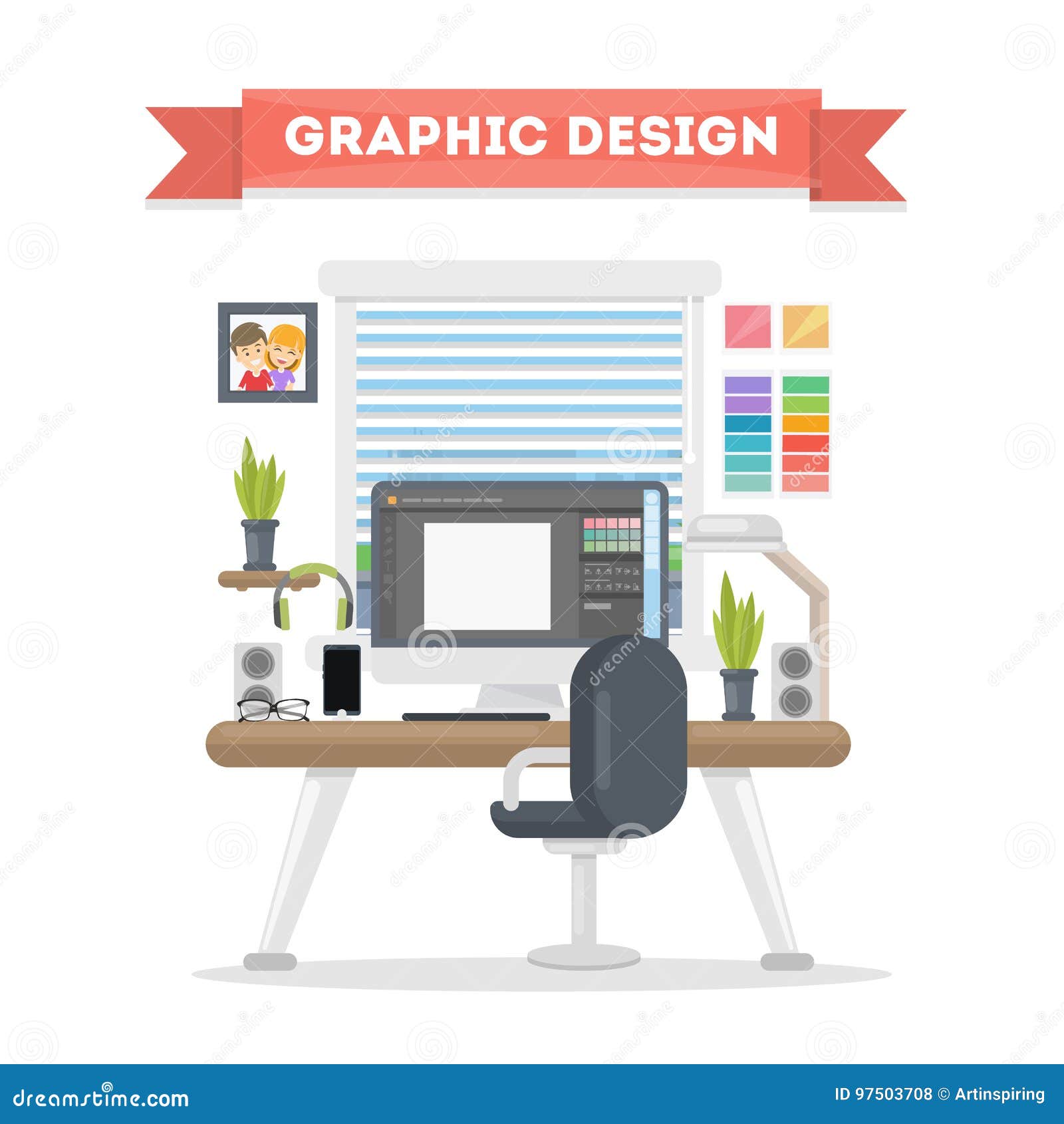 Graphic design workplace. stock vector. Illustration of banner - 97503708
