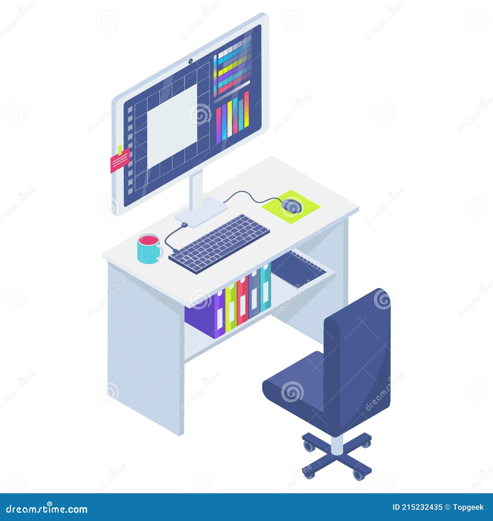 Graphic Design Workplace Isometric Concept with Computer and Keyboard ...