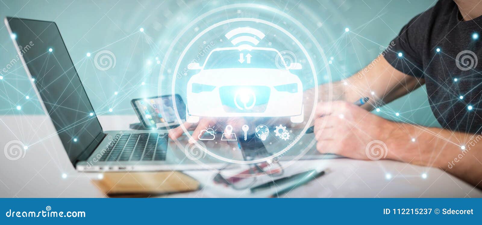 Graphic Designer Using Modern Smart Car Interface 3D Rendering Stock ...