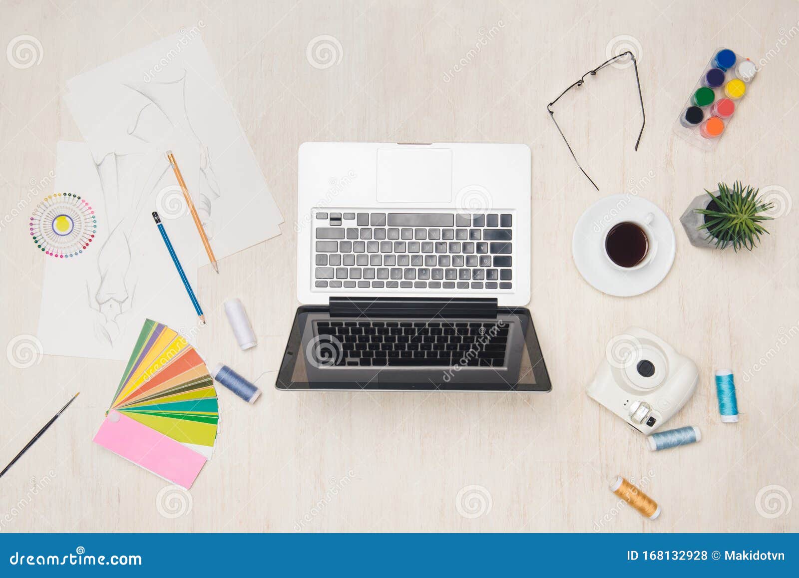 Graphic Designer Desk Essentials Top View with Wooden Texture ...