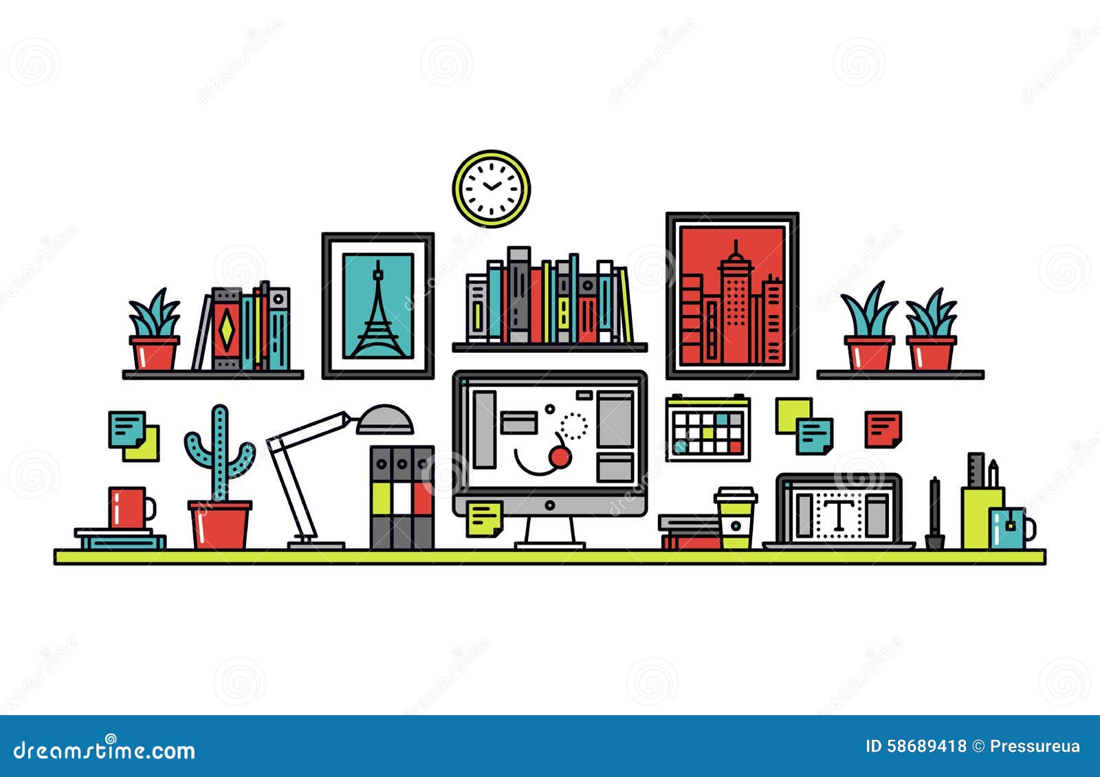 Graphic Designer Desk Line Style Illustration Stock Vector ...
