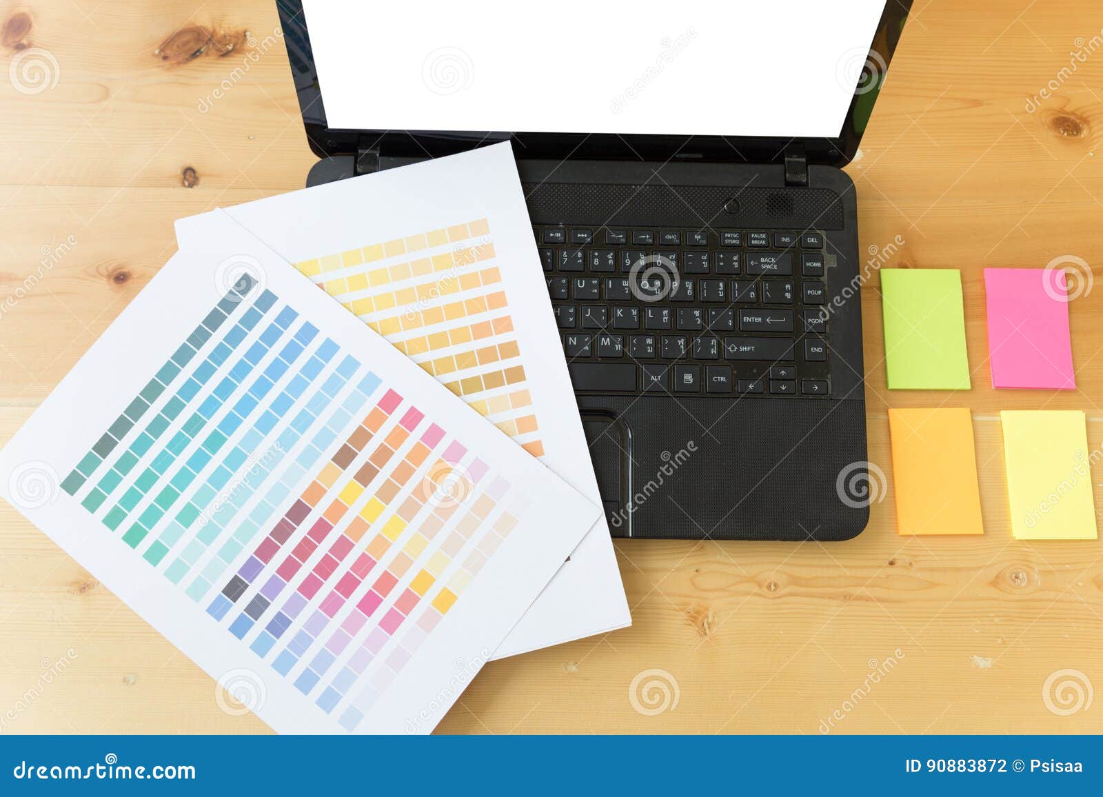 Graphic Designer Desk Table with Computer, Sticky Note and Color Stock ...