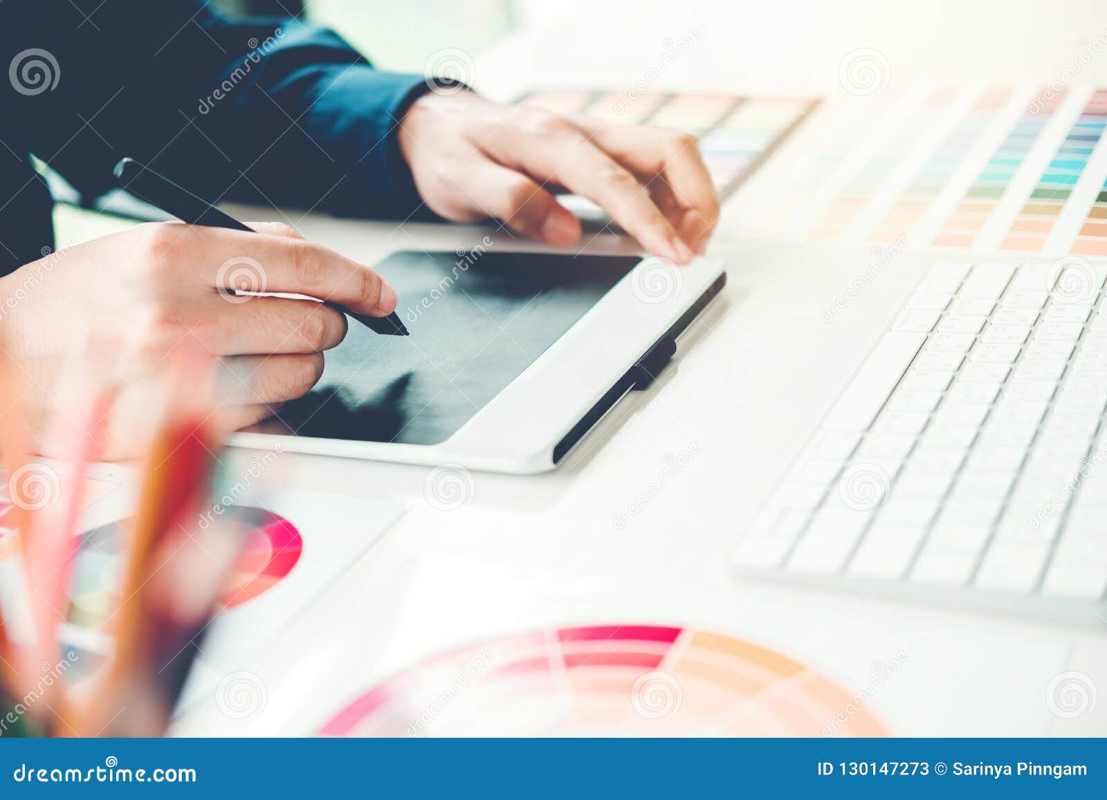 Graphic Designer Drawing on Graphics Tablet at Workplace Stock Image ...