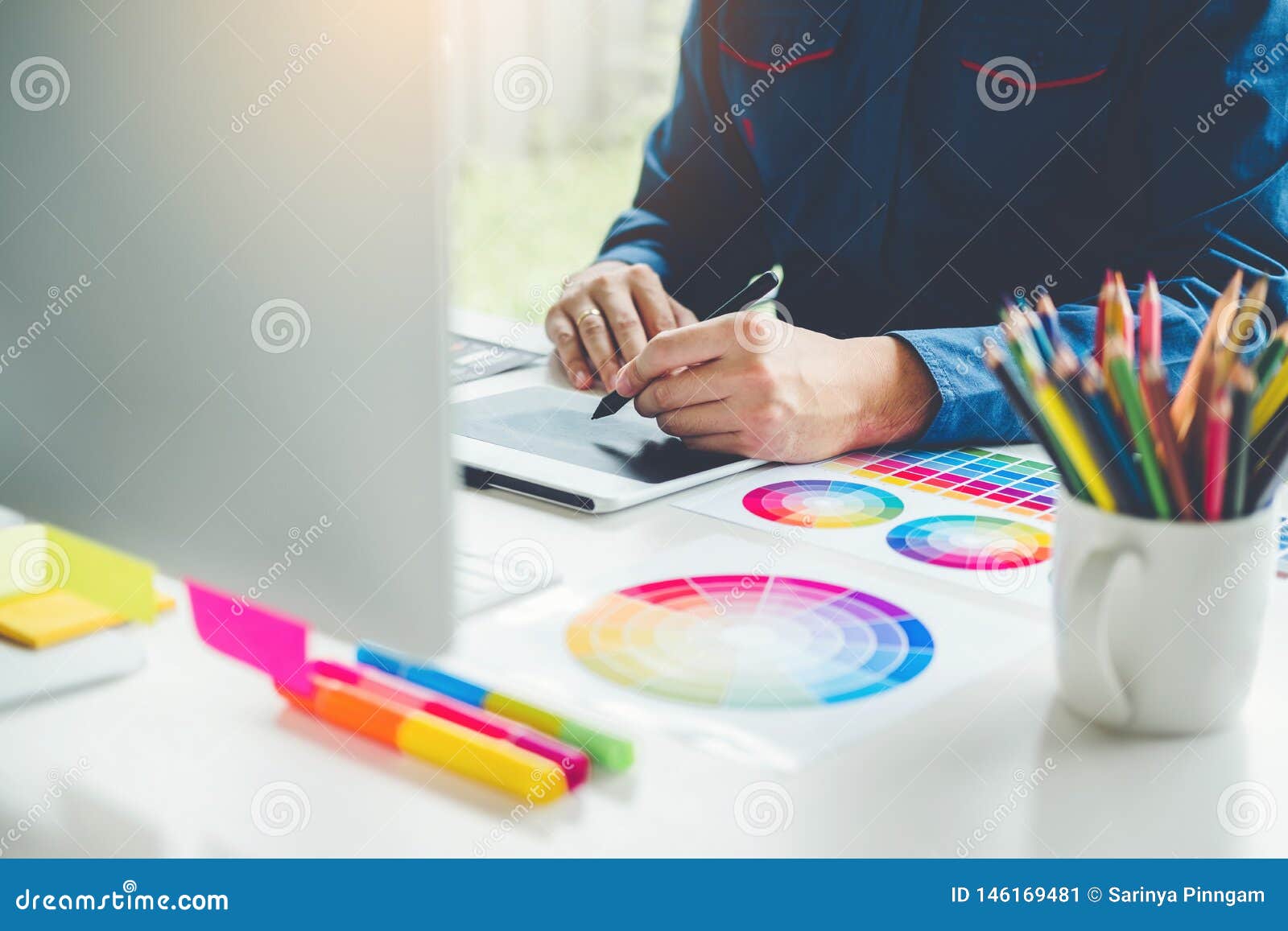 Graphic Designer Drawing on Graphics Tablet at Workplace Stock Image ...