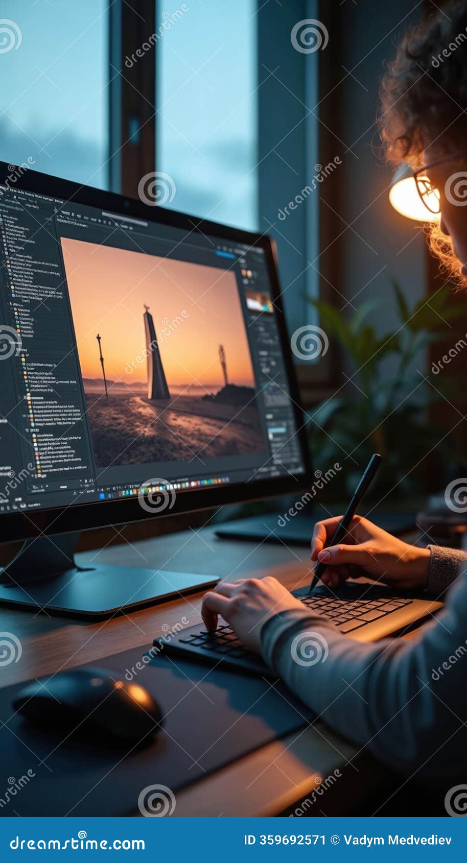 Graphic Designer Edits Photo on Computer Using Graphic Tablet. Person ...