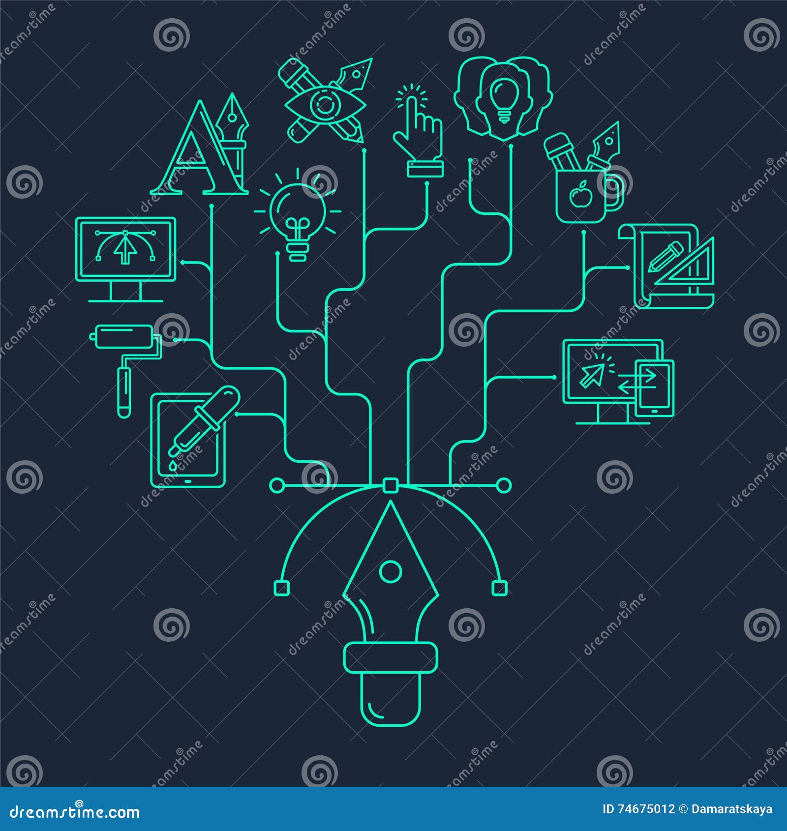Graphic Designer Profession Pattern with Turquoise Linear Icons. Stock ...