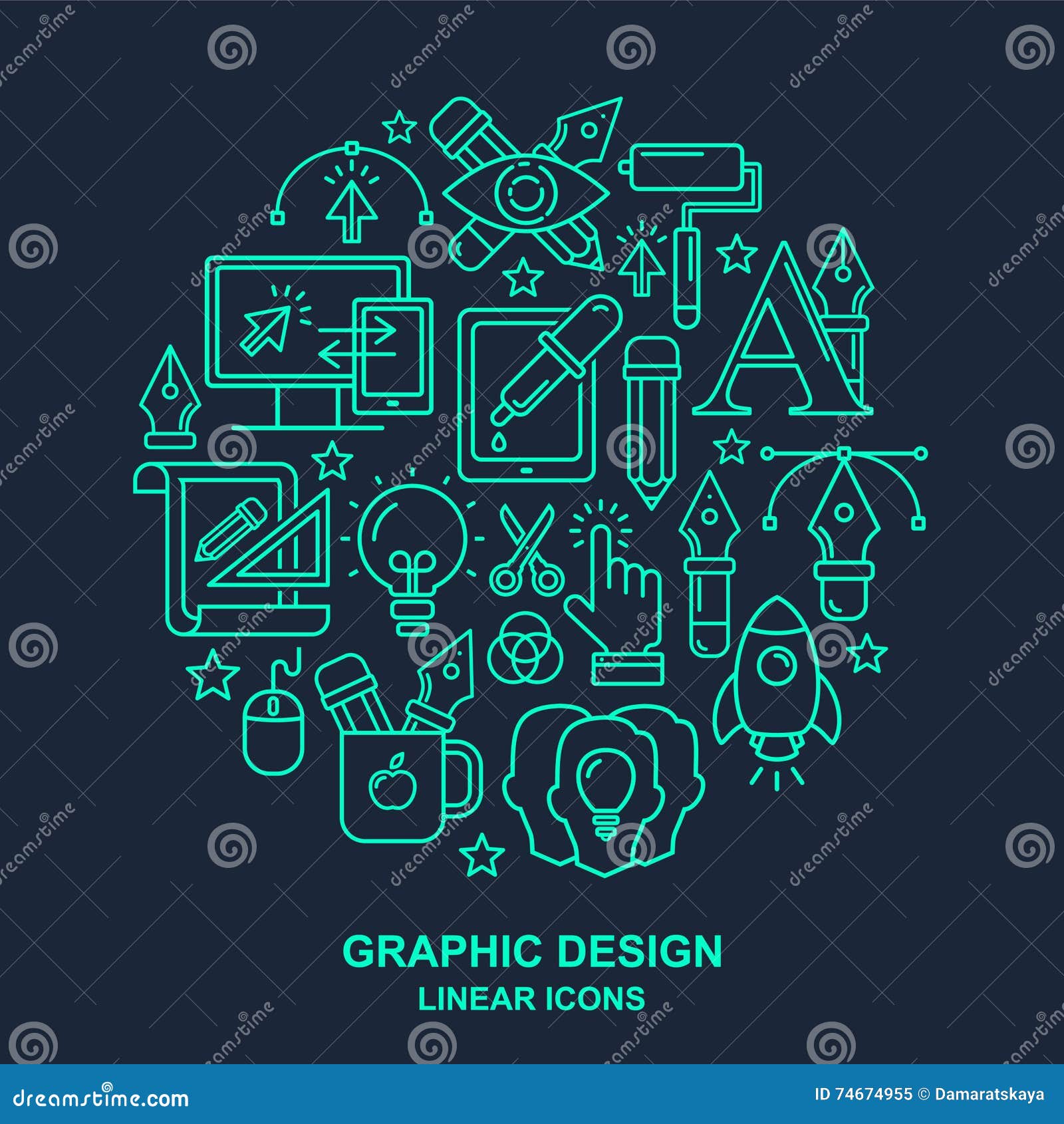 Graphic Designer Profession Pattern with Turquoise Linear Icons. Stock ...