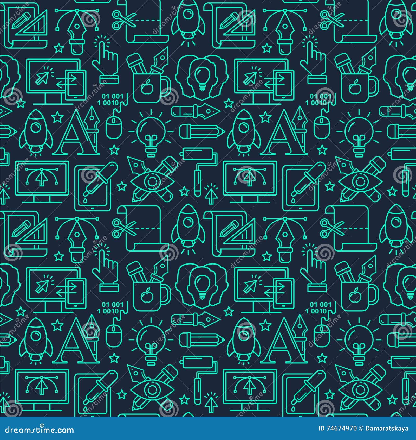 Graphic Designer Profession Seamless Pattern with Turquoise Linear ...