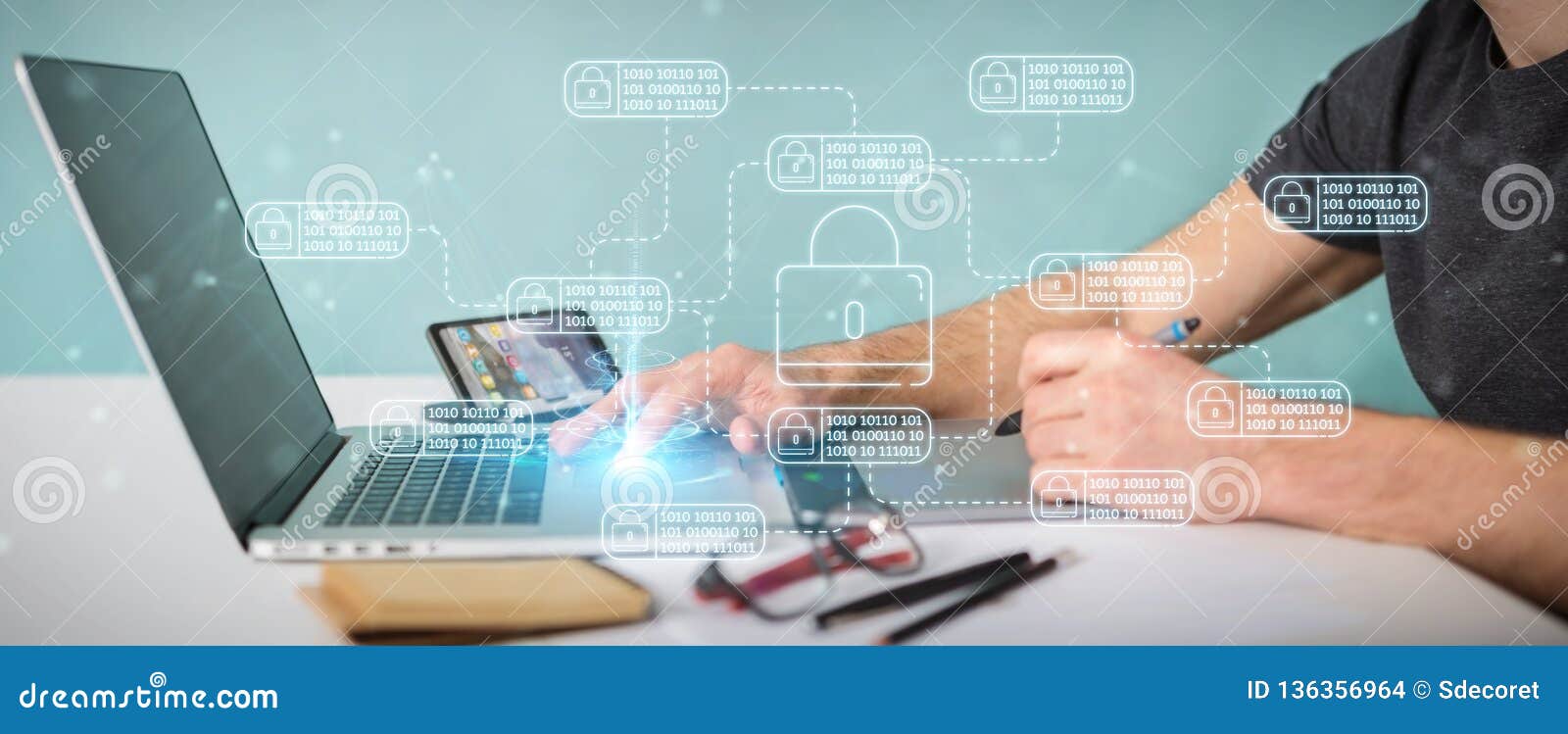 Graphic Designer Protecting His Datas with Thin Line Security Interface ...