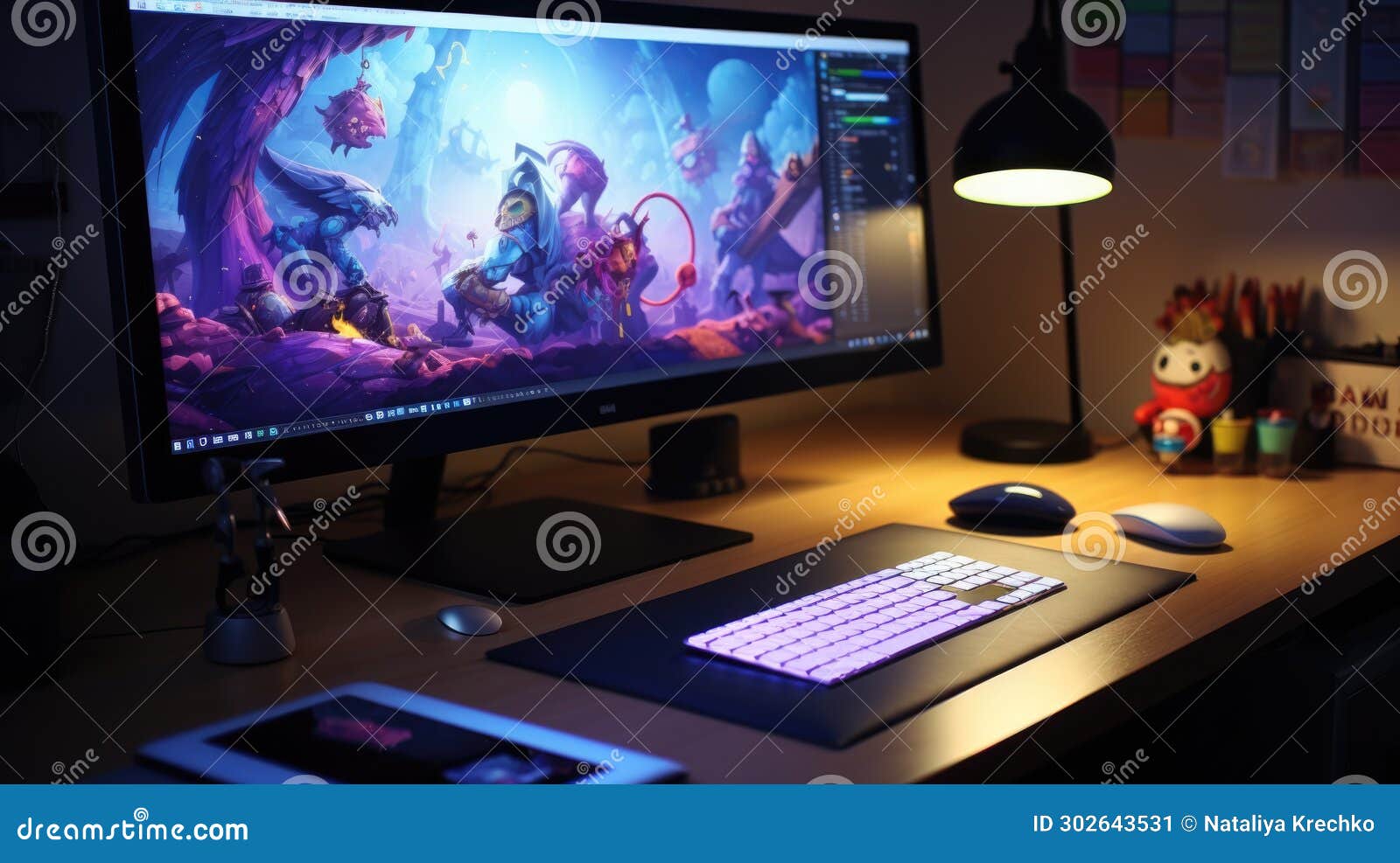 Graphic Designer S Desk. Computer with Bright Digital Illustration ...