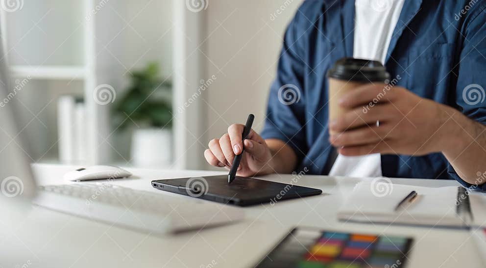 Graphic Designer Selecting Color Pairs on Computer for Creative Design ...