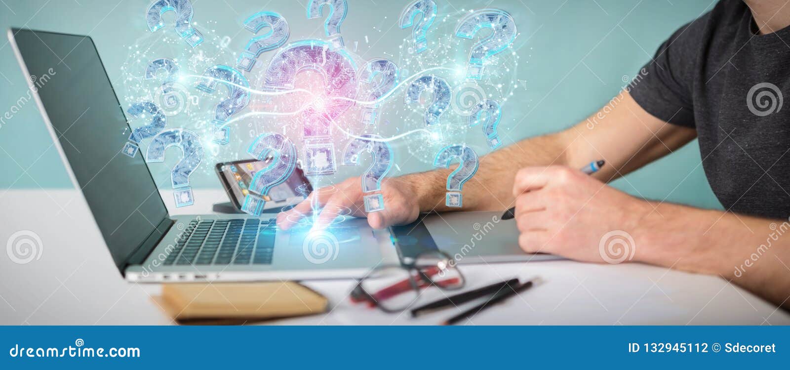 Graphic Designer Solving Problem with Digital Question Marks 3D Stock ...