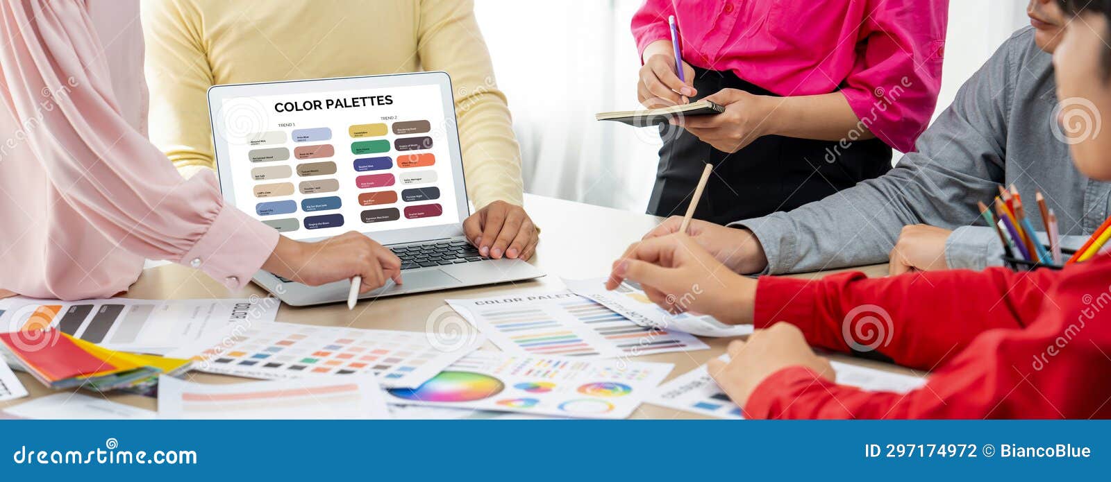 Graphic Designer Team Select Appropriate Color for Project. Closeup ...