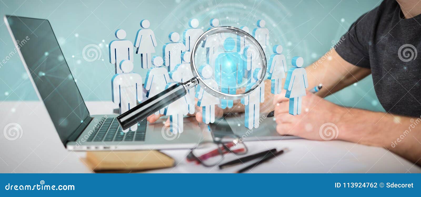 Graphic Designer Using Magnifying Glass To Recruit People 3D Rendering ...