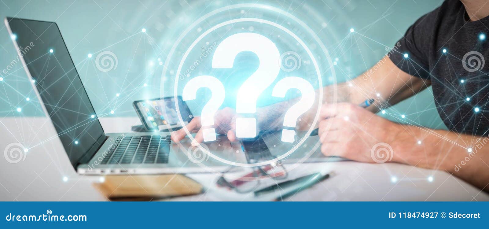 Graphic Designer Using Question Marks Digital Interface 3D Rendering ...