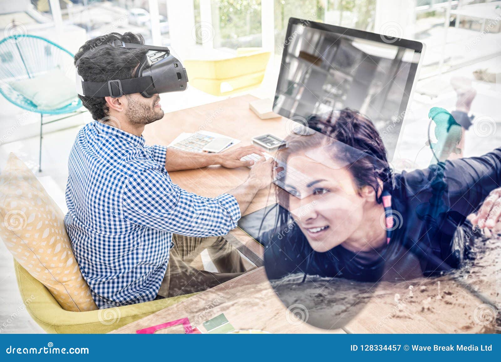Composite Image of Graphic Designer in Virtual Reality Simulator while ...