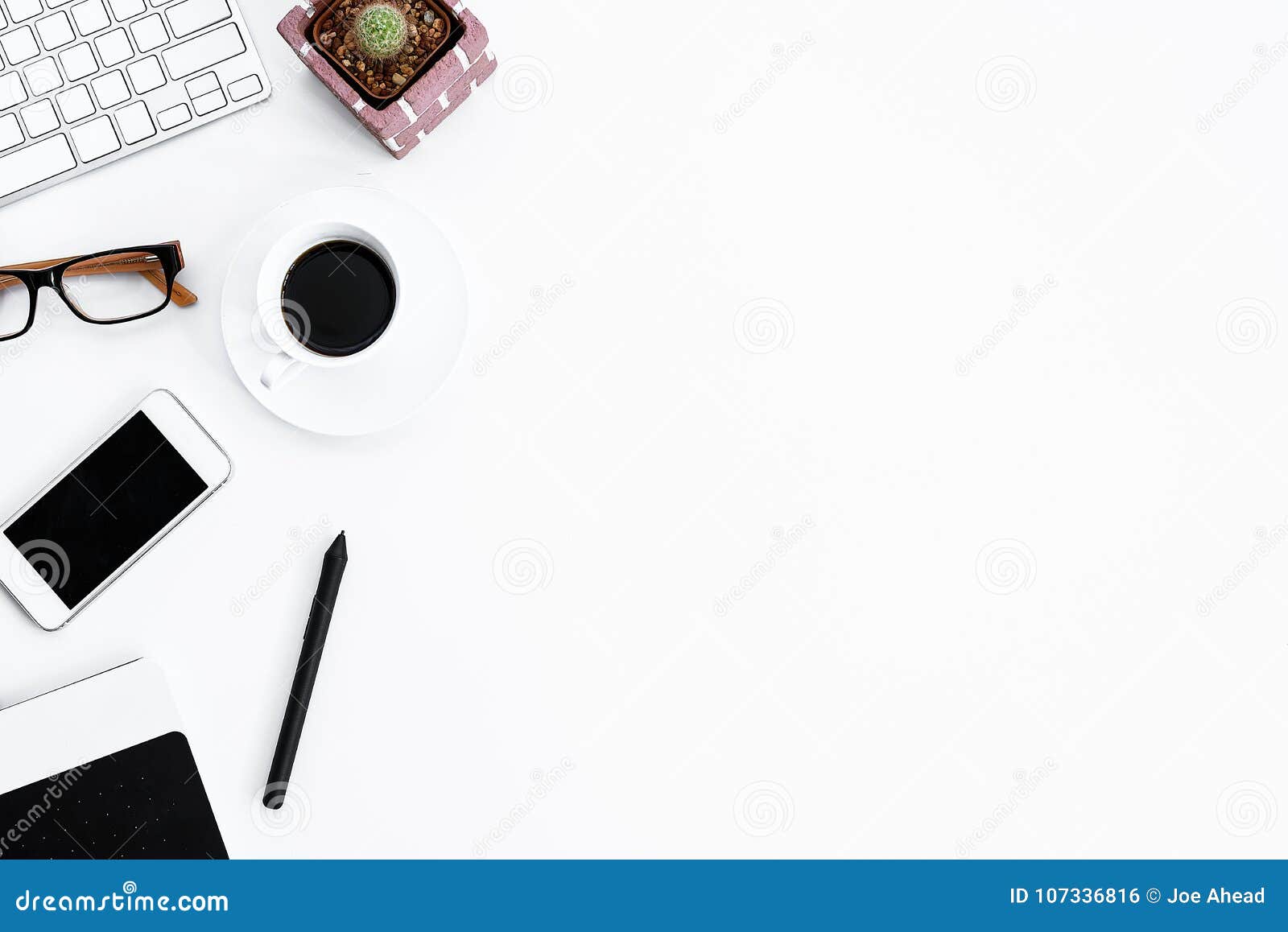 Graphic Designer White Work Table with Computer, Cactus, Coffee, Phone ...