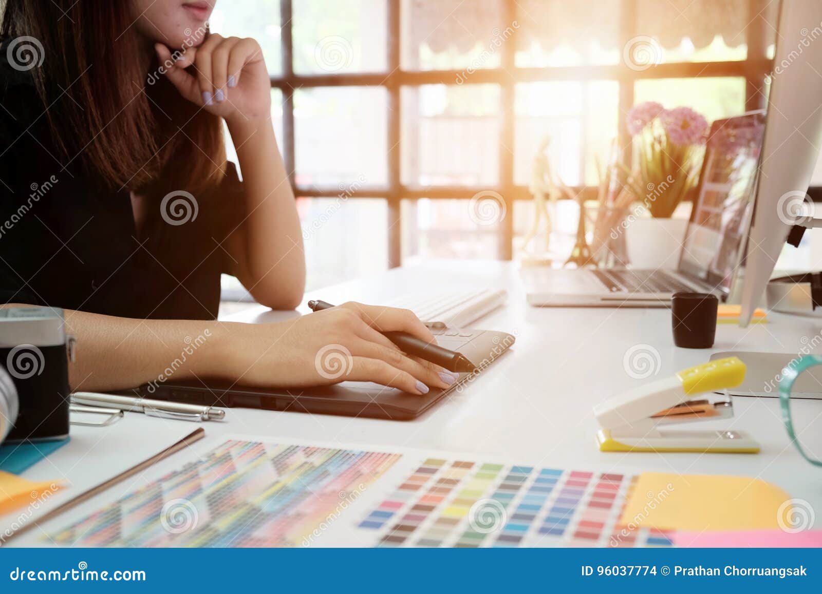 Graphic Designer Woman Working on Creative Office with Create Gr Stock ...