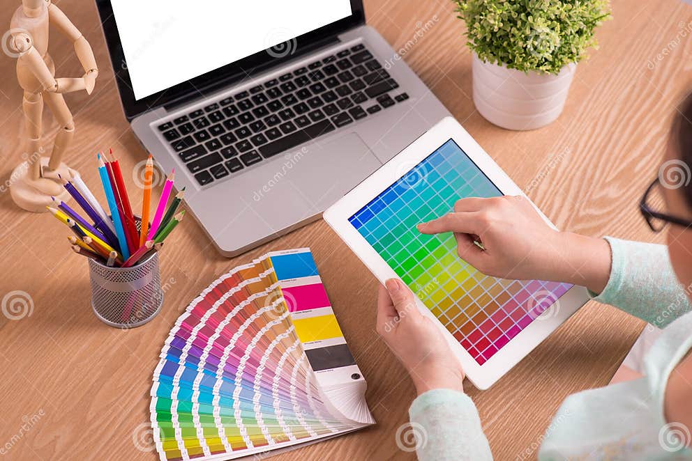 Graphic Designer at Work. Color Samples. Stock Photo - Image of ...