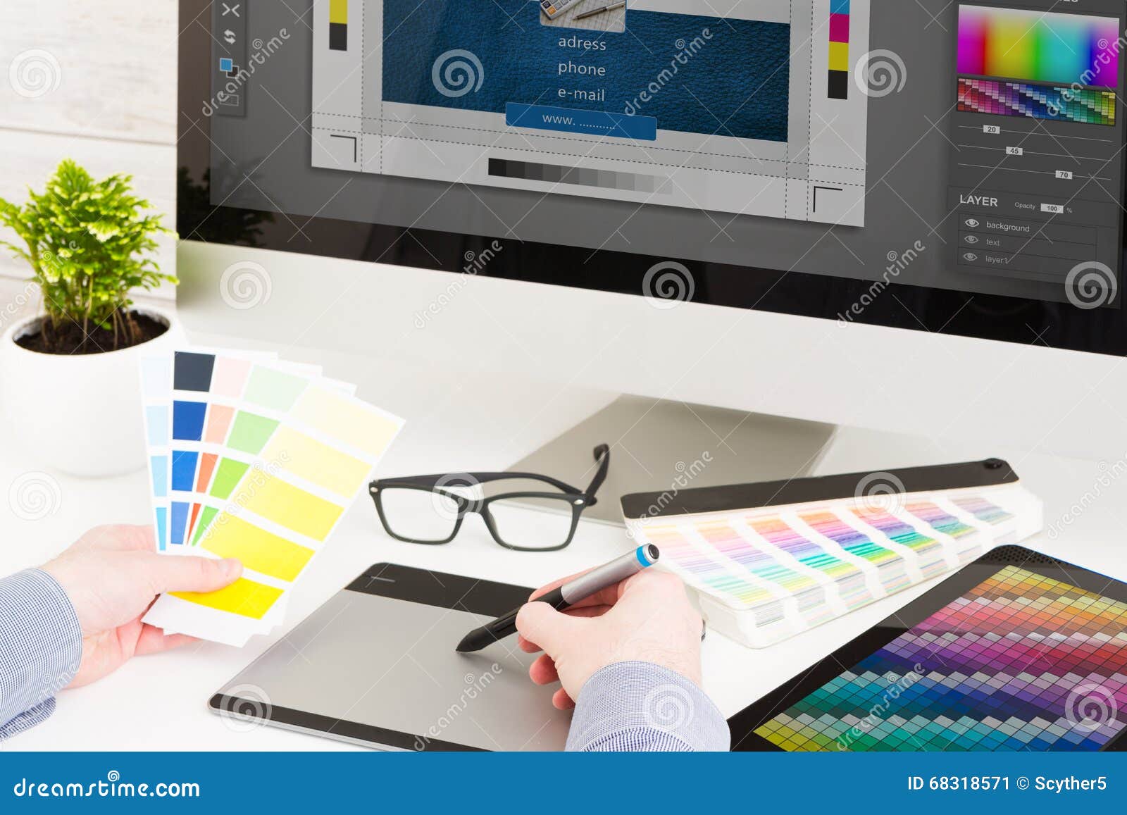 Graphic Designer at Work. Color Samples. Stock Image - Image of agency ...