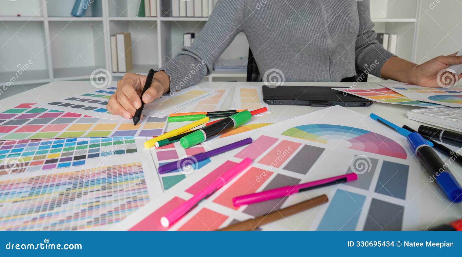 Creative Graphic Designer Working with Color Swatches and Design Tools ...