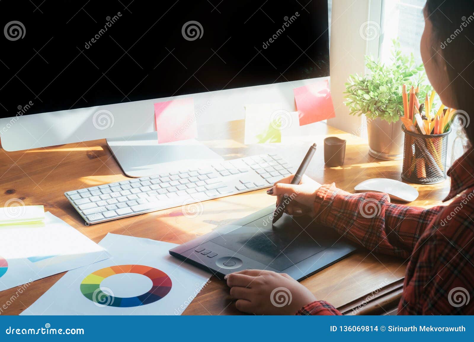 Graphic Designer Working on Computer and Used Graphics Tablet Stock ...