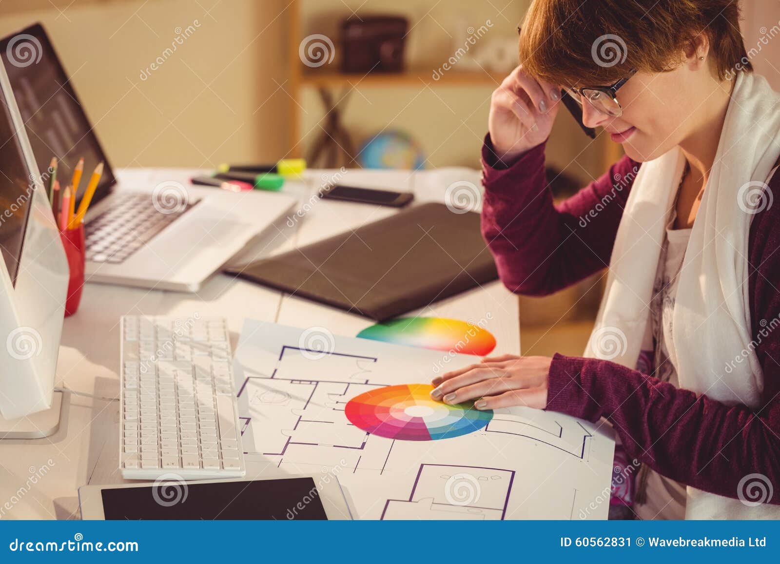 Graphic Designer Working at Desk Stock Image - Image of color, high ...