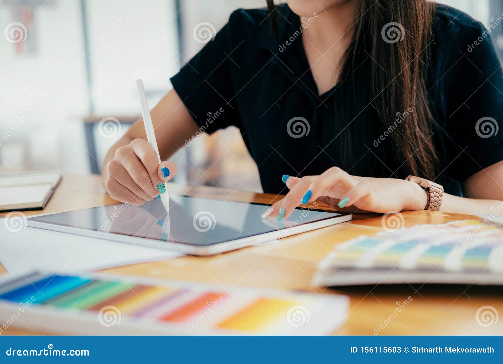 Graphic Designer Working at Her Desk in Creative Studio Office Stock ...